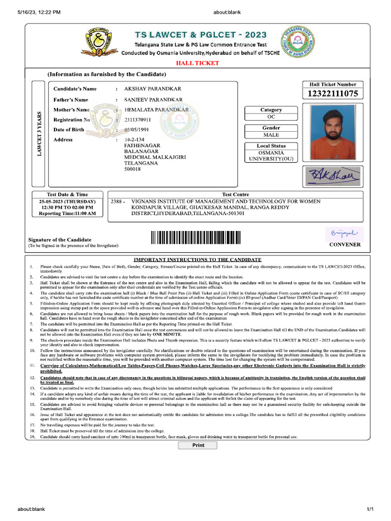 LAWCET 2023 Rank Card | PDF