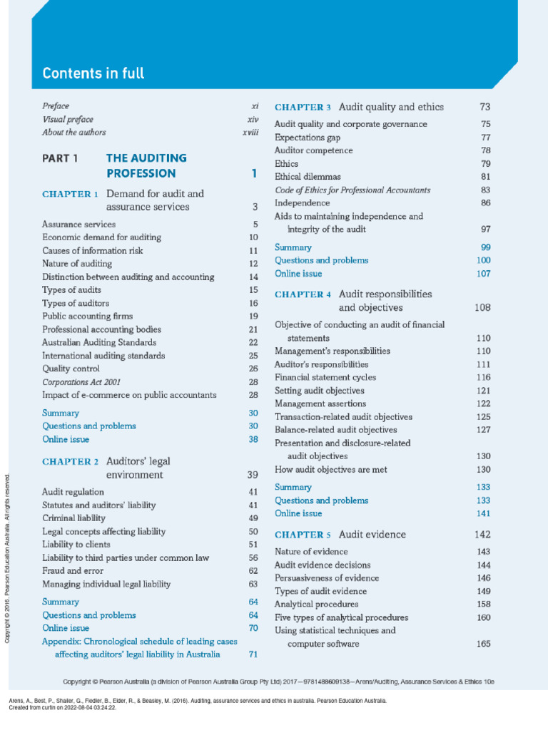 Auditing, Assurance Services and Ethics in Austral... - (Contents in ...