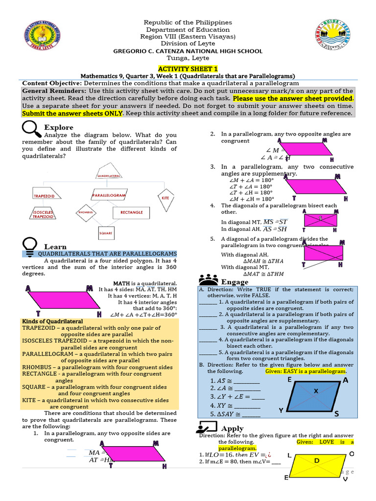 MATH 9 Activity Sheet 1 Q3 Week 1 | PDF | Euclid | Elementary Geometry