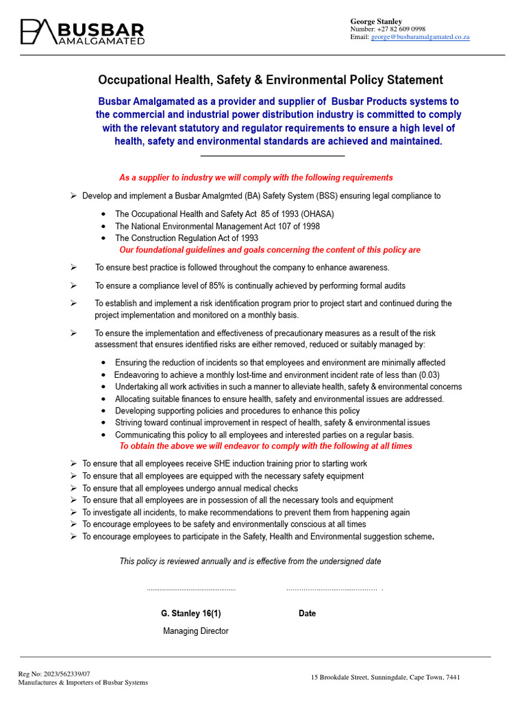 4.3.5.1 SHE Policy | PDF | Regulatory Compliance | Occupational Safety ...