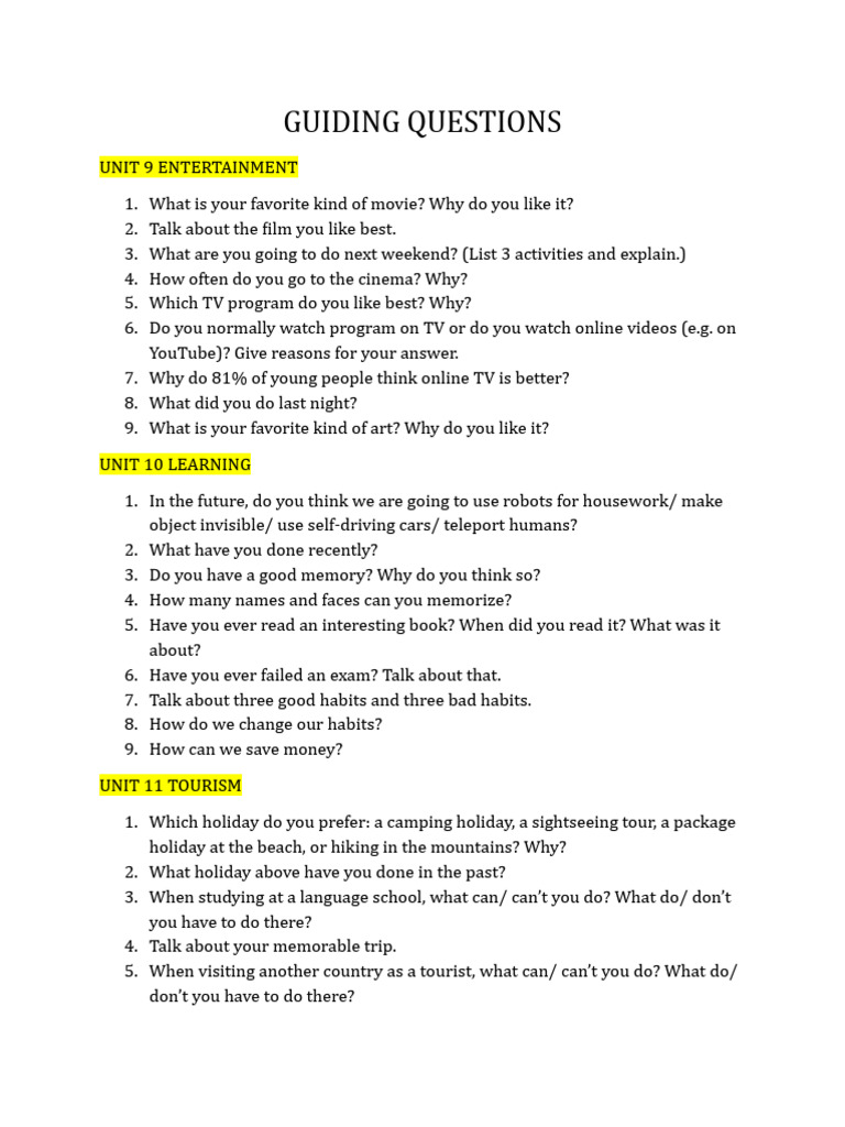 TACB5 (2019) - Speaking Questions - Student - Unit9-12 - Ele | PDF ...