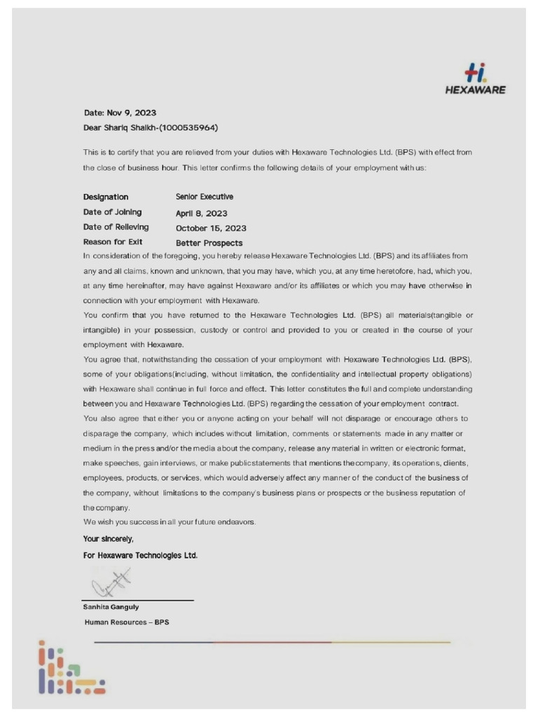 Hexaware Relieving Letter | PDF