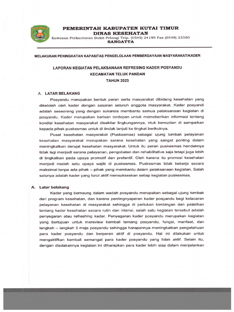 Fortofolio Laporan Kegiatan Pelaksanaan Refresing Kader | PDF