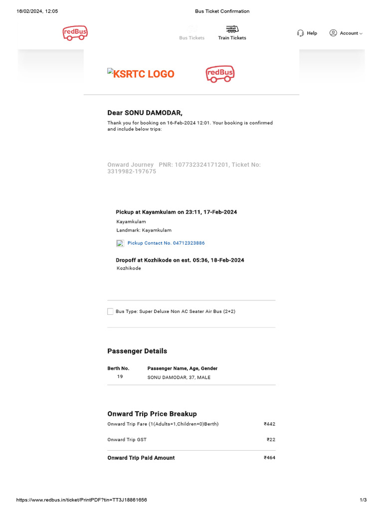 Bus Ticket Confirmation | Download Free PDF | Transport