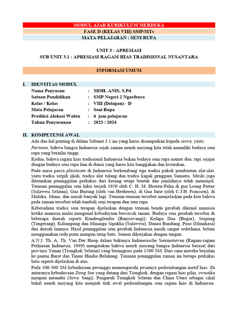 Modul Ajar Seni Rupa Fase D Kelas 8 Unit 3 | PDF | Karier & Perkembangan | Kajian Bahasa Asing