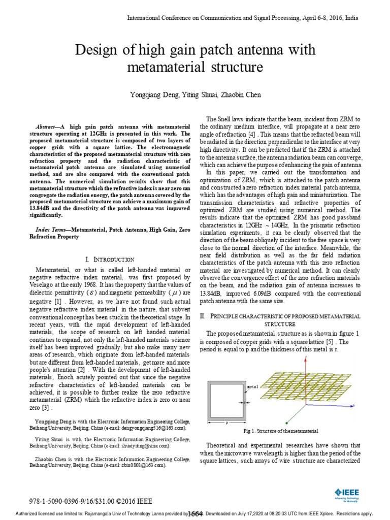 0A Design of High Gain Patch Antenna With Metamaterial Structure | PDF ...