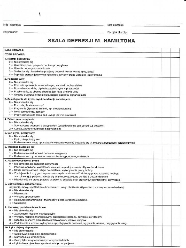 Skala Depresji Hamiltona | PDF