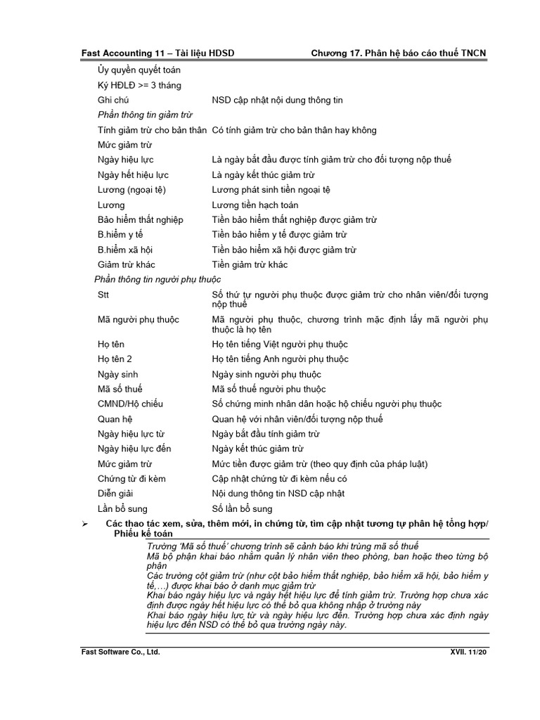 Fast Accounting 11 - Tài liệu HDSD Ch ương 17. Phân hệ báo cáo thuế TNCN | PDF