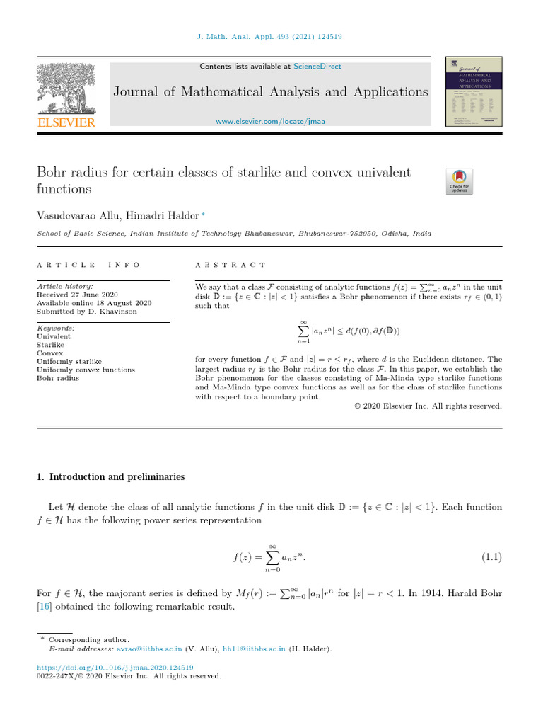Bohr Radius For Certain Classes Of Starlike And Convex Univalent Functions Pdf Mathematics