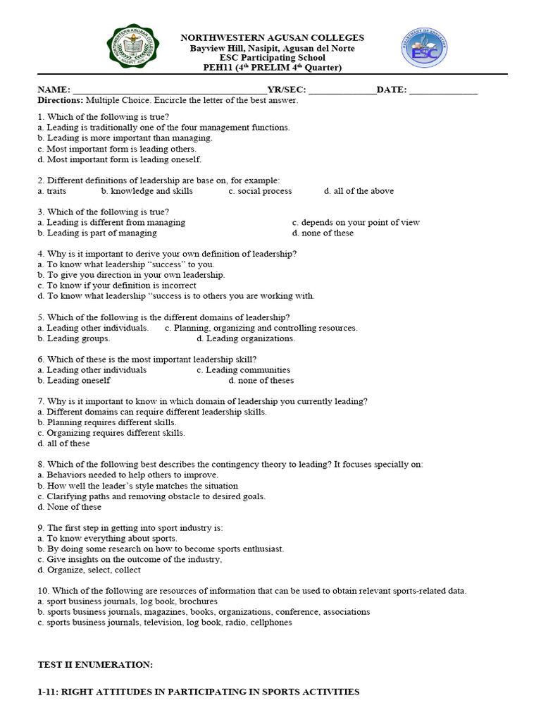 4TH Prelim - Peh (4TH Quarter April 20, 2022) | PDF | Leadership | Psychological Concepts
