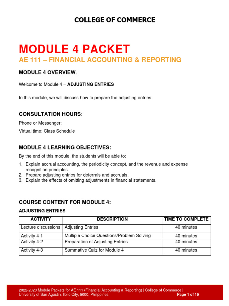 22 AE 111 Module 4 Adjusting Entries | PDF | Depreciation | Expense