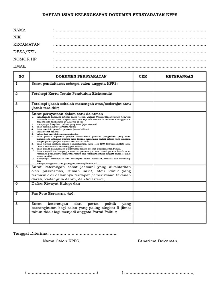 DAFTAR ISIAN KELENGKAPAN DOKUMEN PERSYARATAN KPPS | PDF DAFTAR ISIAN KELENGKAPAN DOKUMEN PERSYARATAN KPPS | PDF