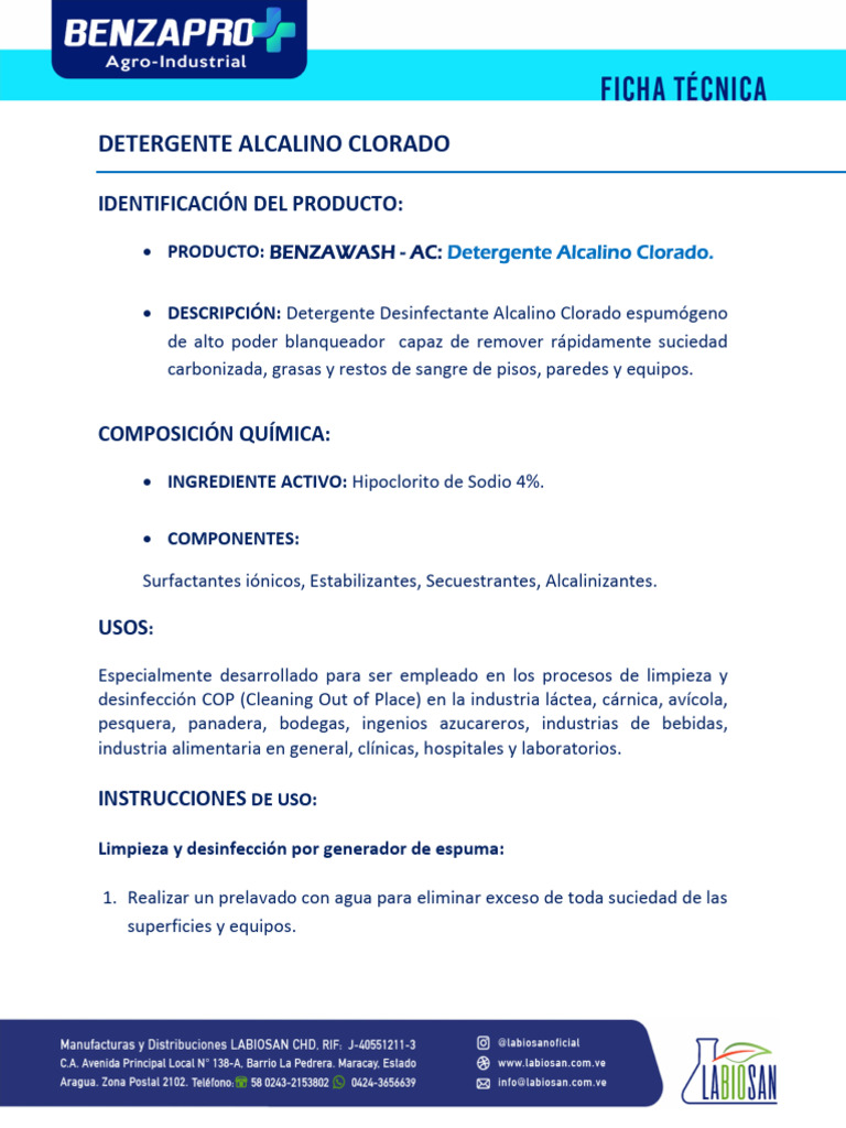 Ficha Técnica de Benzawash-AC | PDF | Agua | Hidróxido de sodio