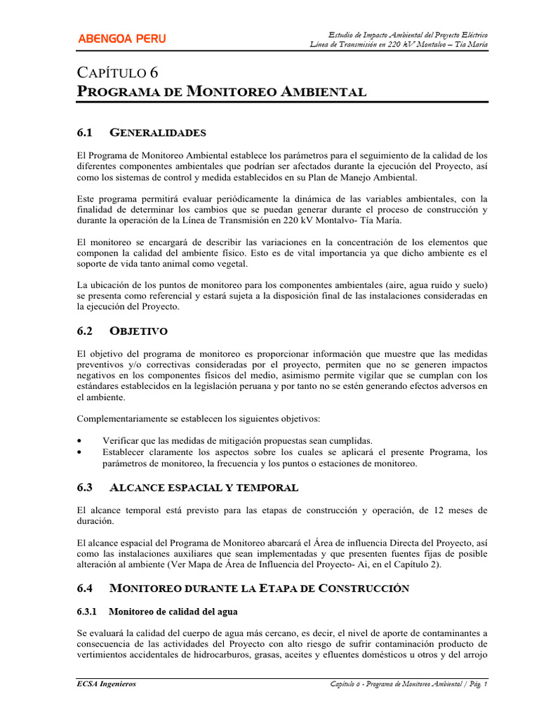 Capítulo 6 Programa de Monitoreo Ambiental | PDF | Agua | Entorno natural