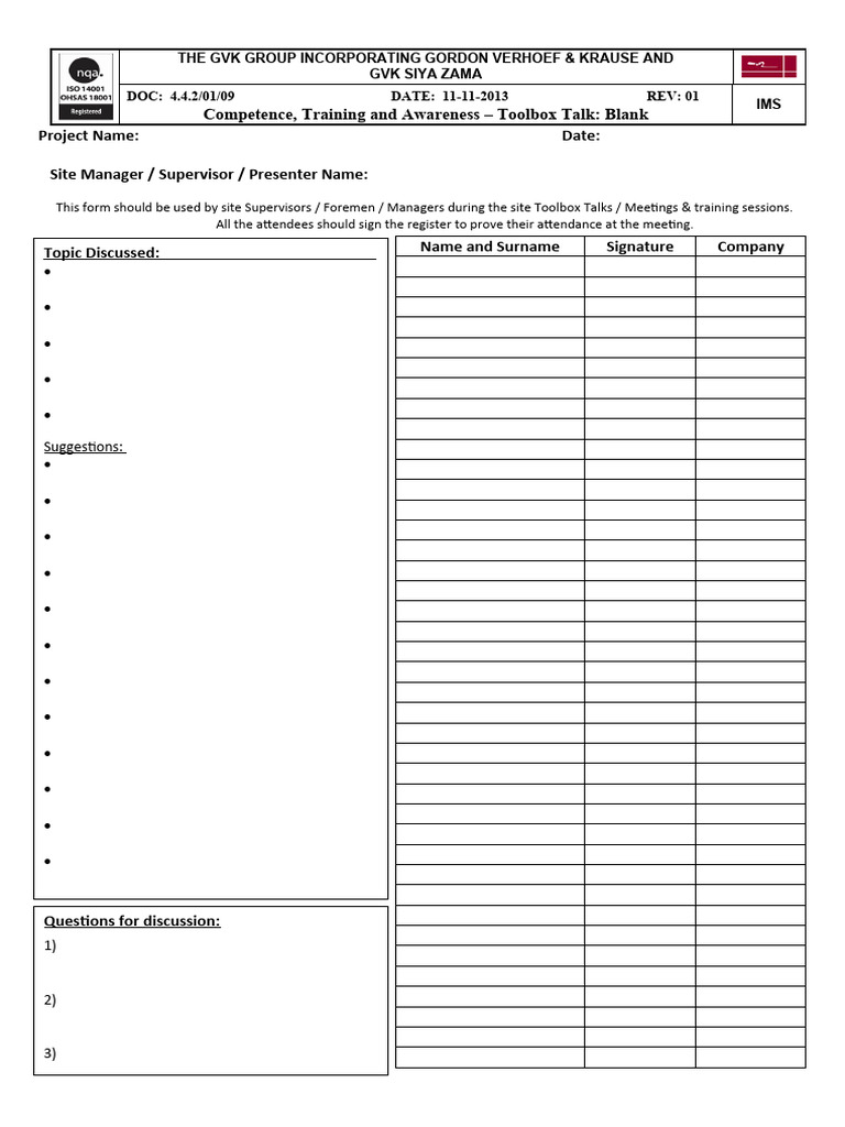 Toolbox Talk Attendance Register Template | PDF
