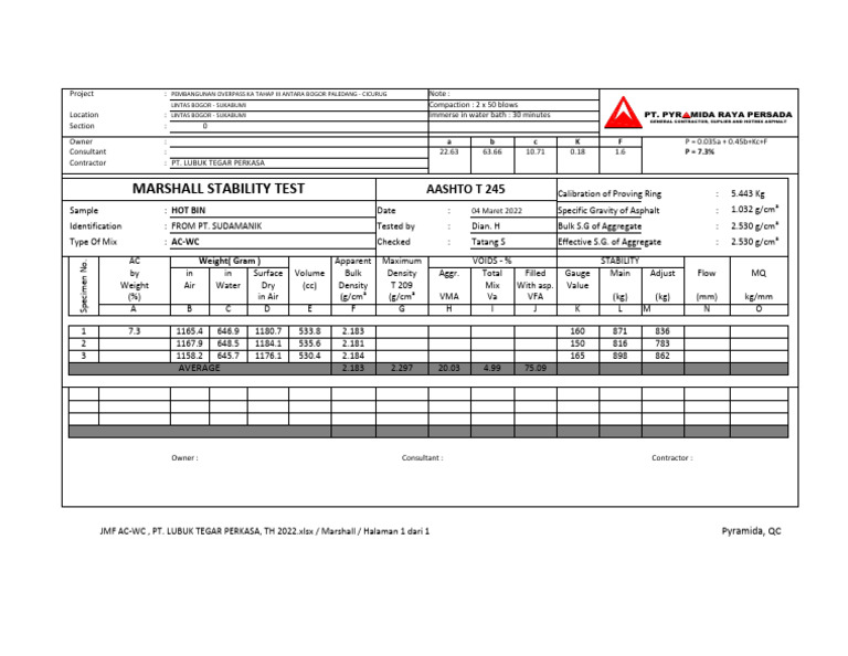 Marshall Stability Test: Aashto T 245 | PDF | Density | Physical Quantities