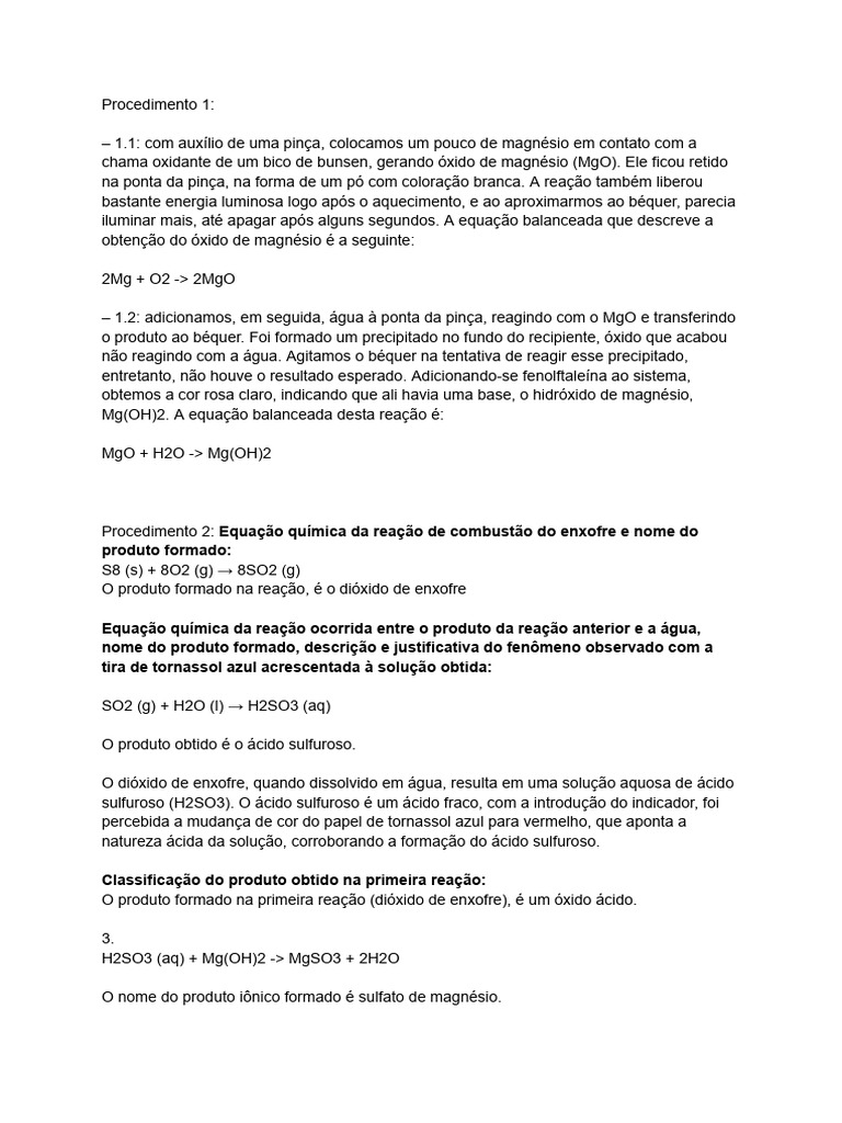 Relatório 3 | PDF | Reações químicas | Dióxido de enxofre