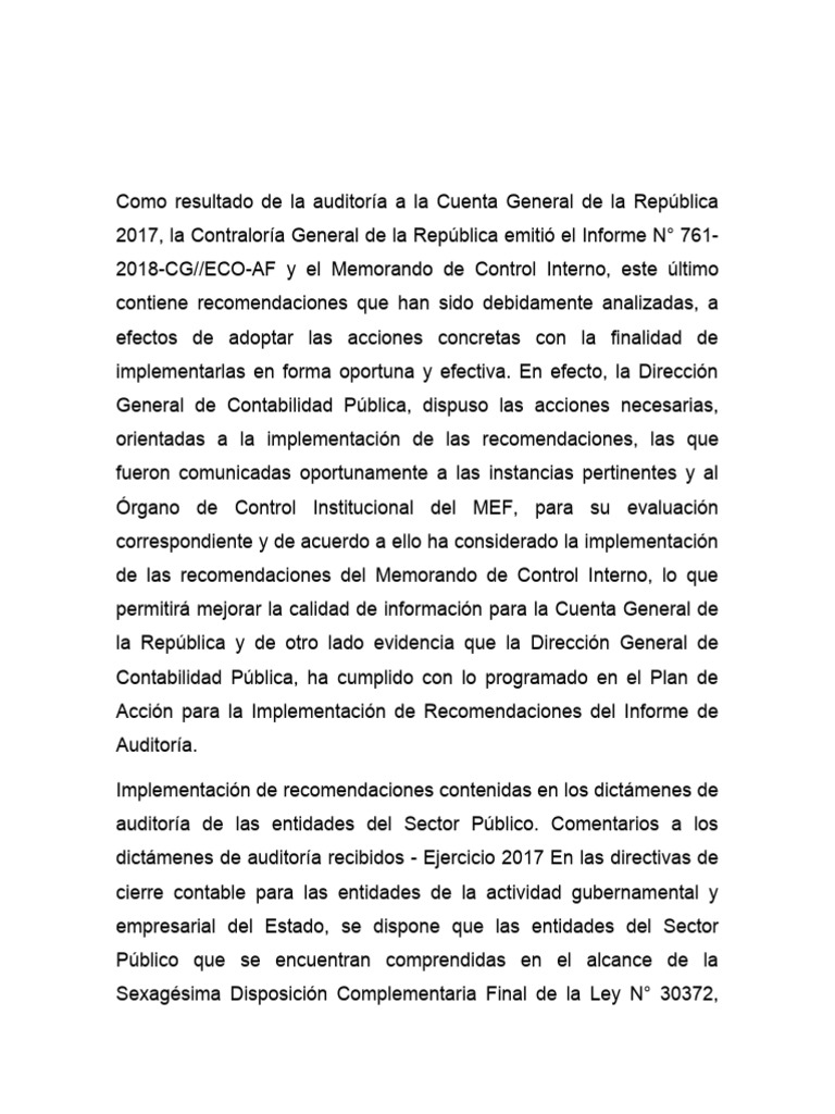 Como Resultado de La Auditoría A La Cuenta General de La República 2017 ...