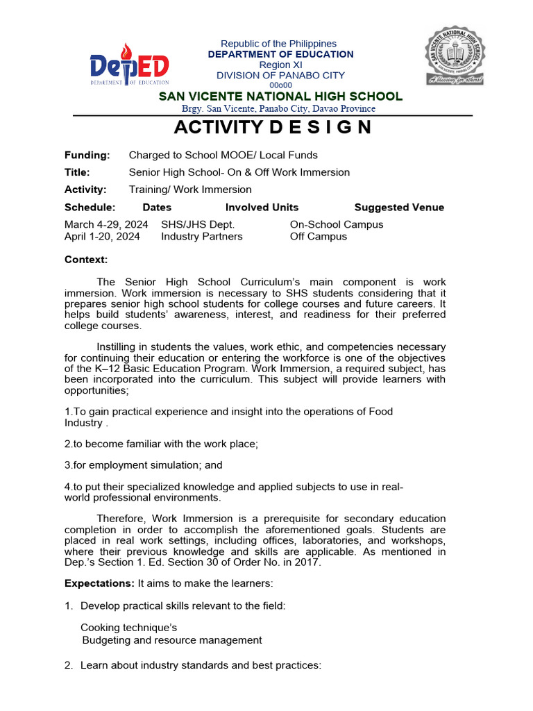 Activity Design For WORK IMMERSION 1HOME ECONOMICS | PDF | Curriculum ...