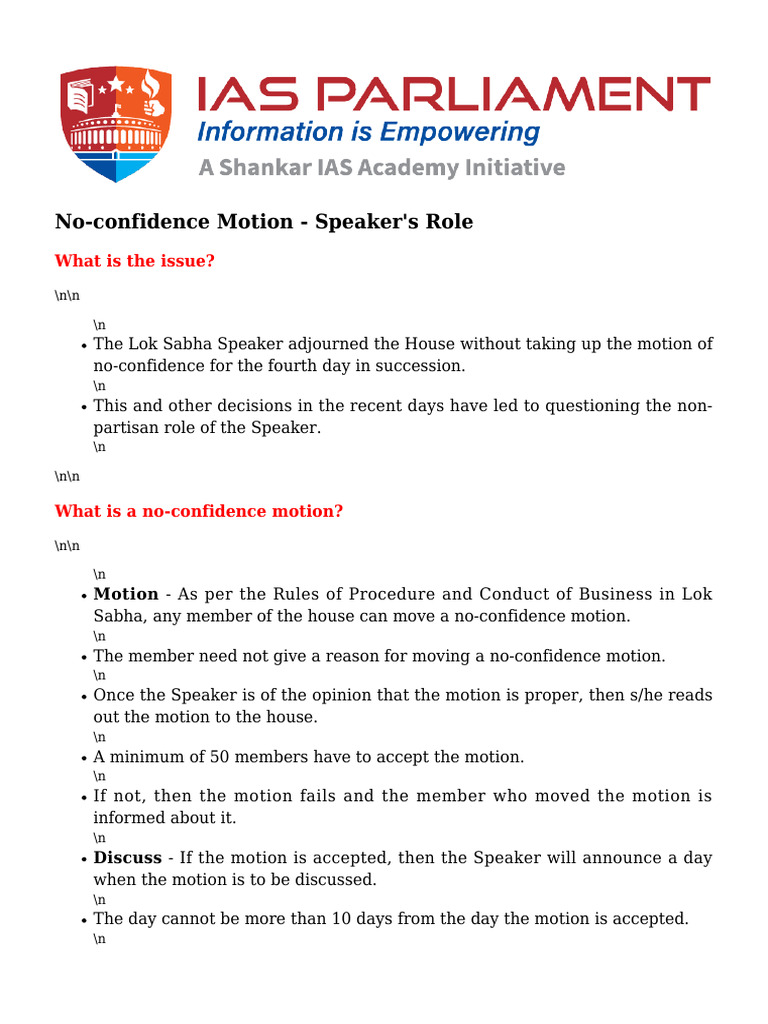 No-Confidence Motion and Speaker's Role | PDF | Accountability | Government