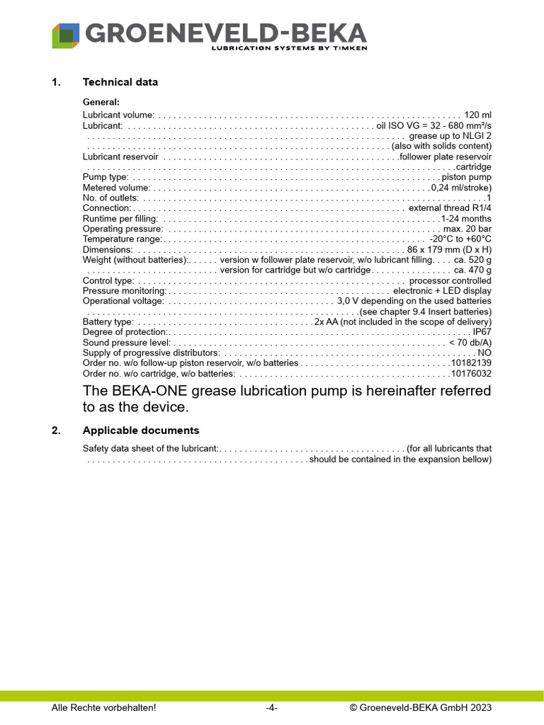 BEKA ONE Technical Data | PDF | Technology & Engineering