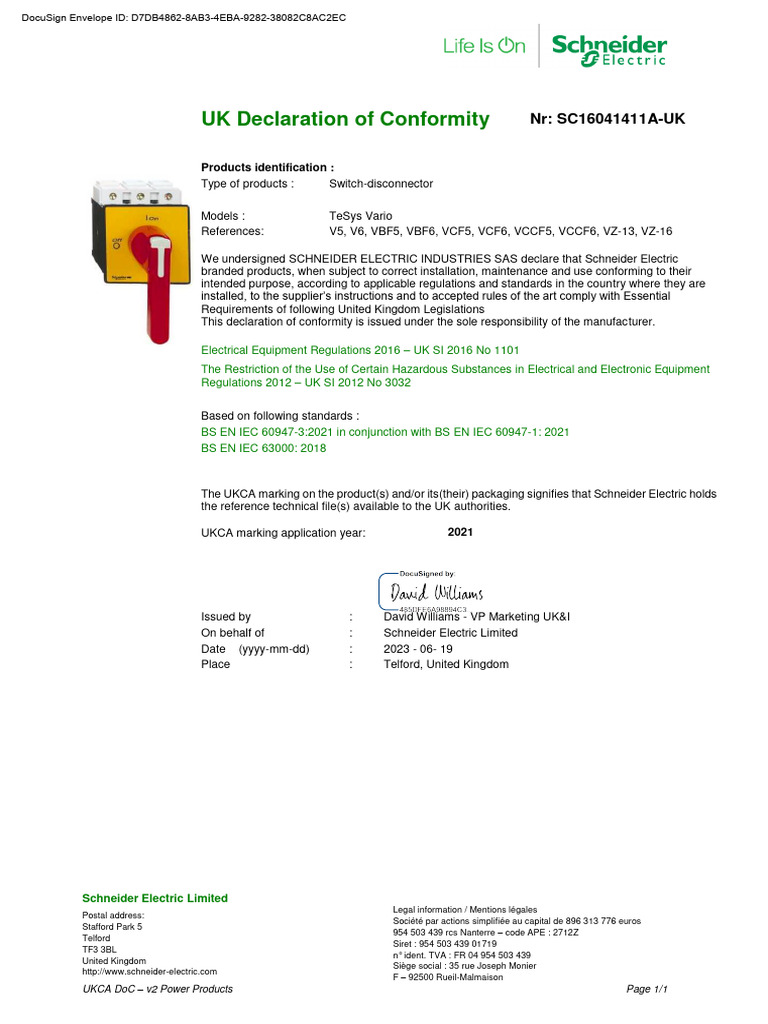 UK - UKCA - Declaration NoSC16041411A UK V5 V6 Switch Disconnector ...