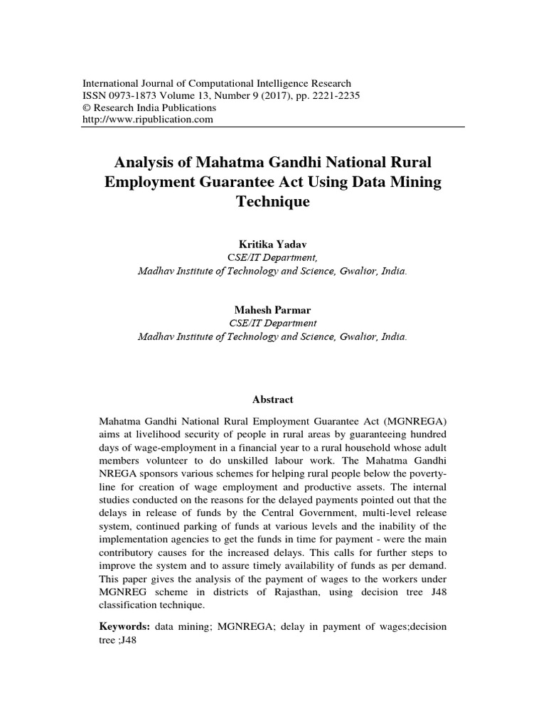 Data Mining Analysis of MGNREGA Wages | PDF | Databases | Statistical ...