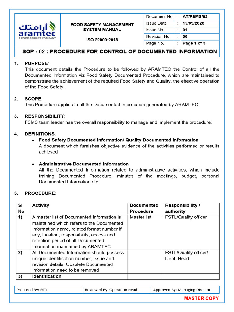 SOP-02 Procedure For Control Documented Information | Download Free PDF ...