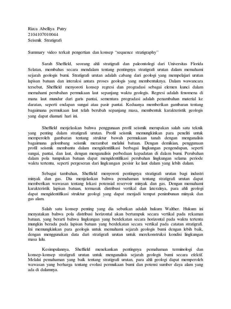 Rizca Abelliya Putry - 2104107010044 - Seismik Stratigrafi | PDF