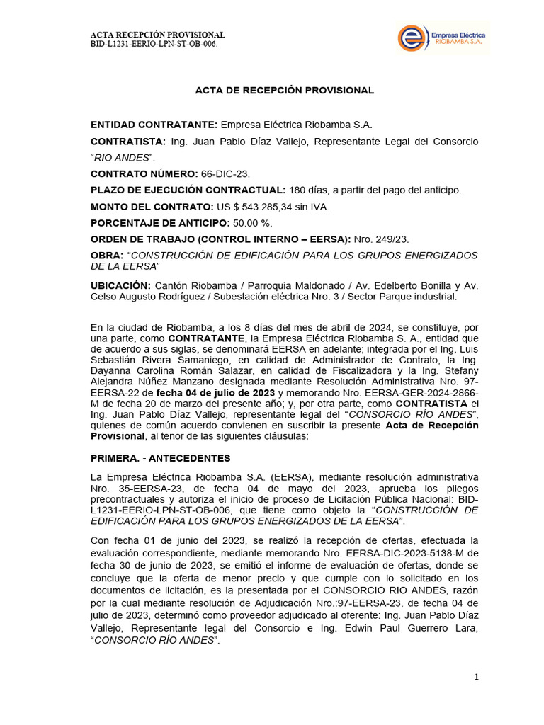 FINAL 1 05_04_24 ACTA RECEPCIÓN PROVICIONAL ENERGIZADOS | PDF | Derecho ...