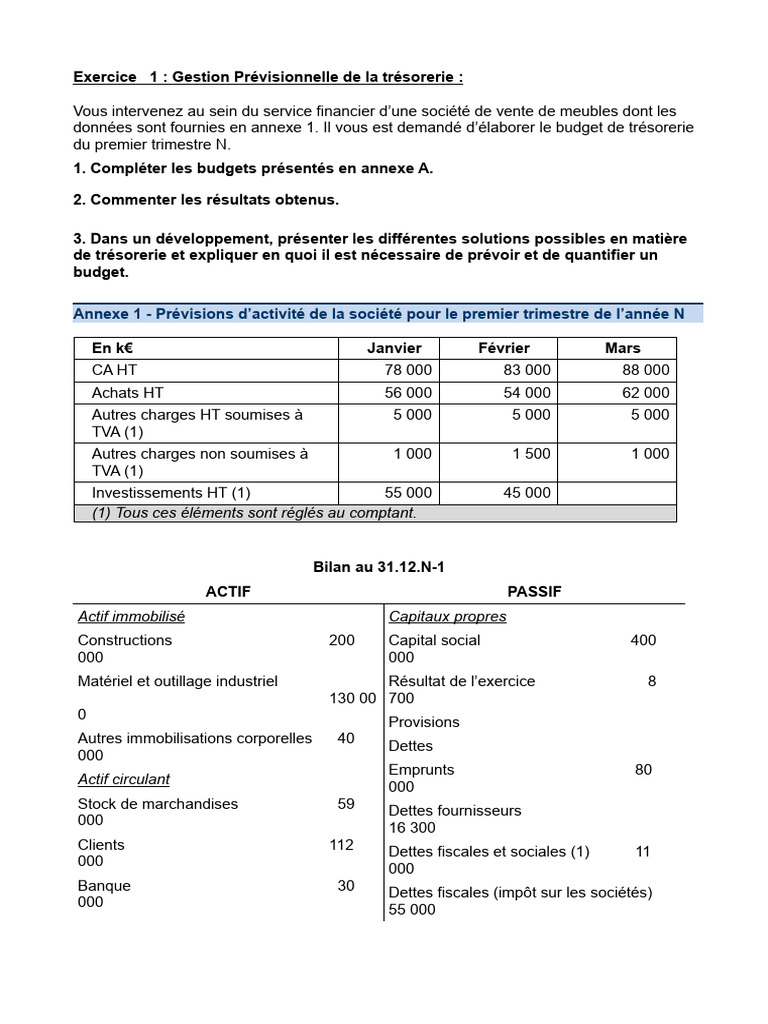 Exercices Controle de Gestion Tableau de Tresorerie Seuil de Rentabilite | PDF | Taxe sur la ...