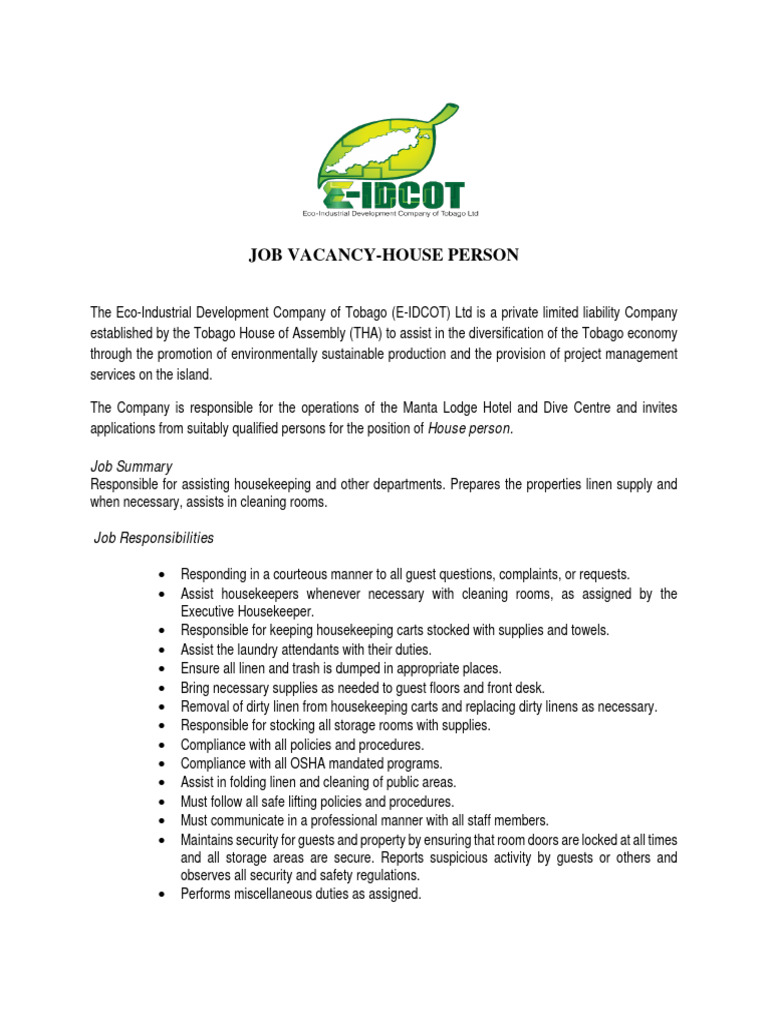 Manta Job Ad Houseperson | PDF | Housekeeping | Regulatory Compliance