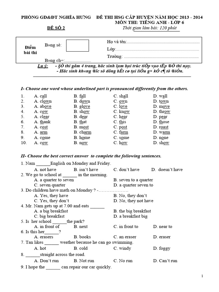 De Thi HSG Tieng Anh Lop 6 | PDF