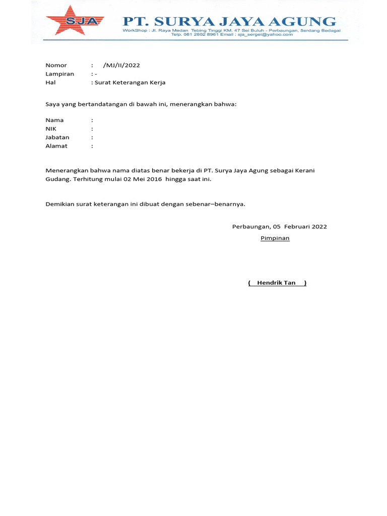 Surat Keterangan Kerja Surya Jaya Agung | PDF