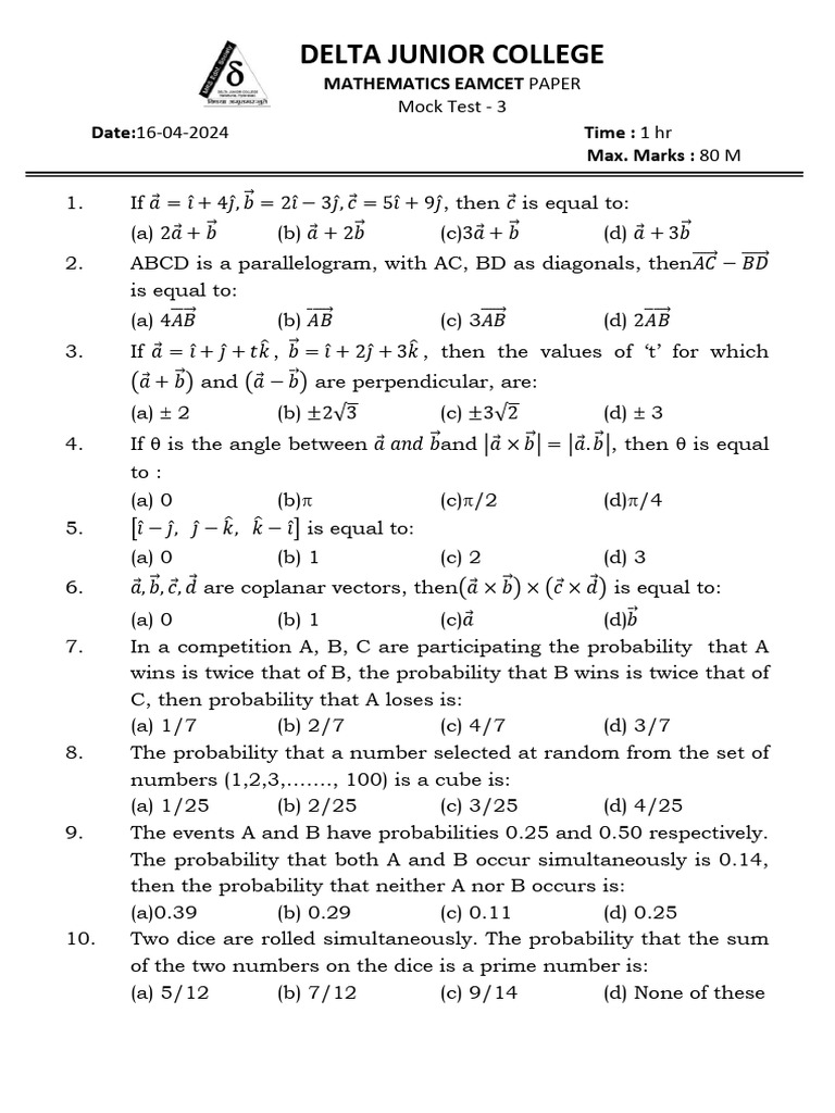 Maths - Eamcet Mock Test - 3-1-8 | PDF | Euclidean Geometry | Analytic ...