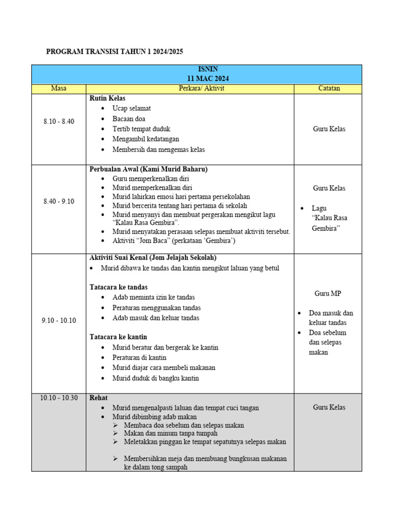 Jadual Program Transisi Tahun 1 2024 Isnin 11 Mac 2024 | PDF