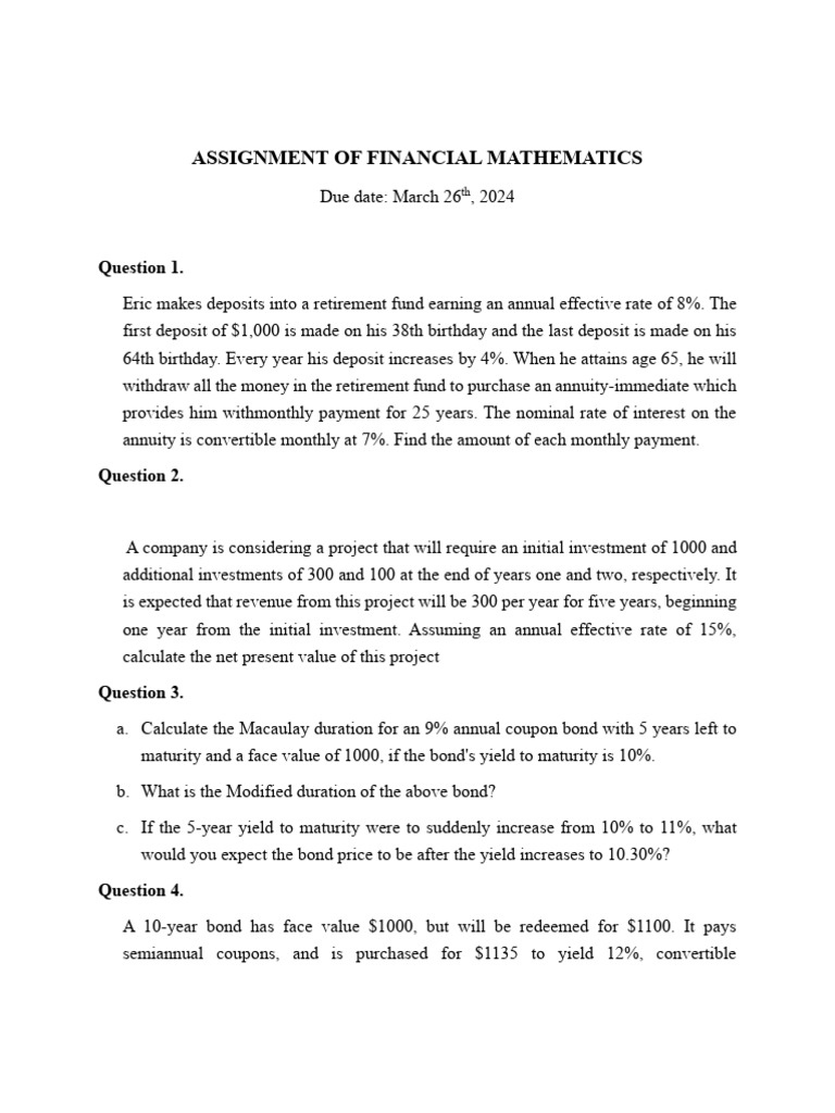 Assignment - Financial Mathematics - 12032024 | PDF | Bonds (Finance ...