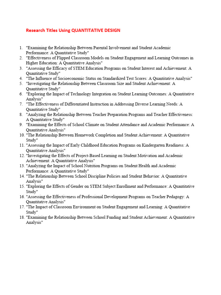 Research Titles Using QUANTITATIVE and QUALITATIVE DESIGN | PDF | Qualitative Research ...
