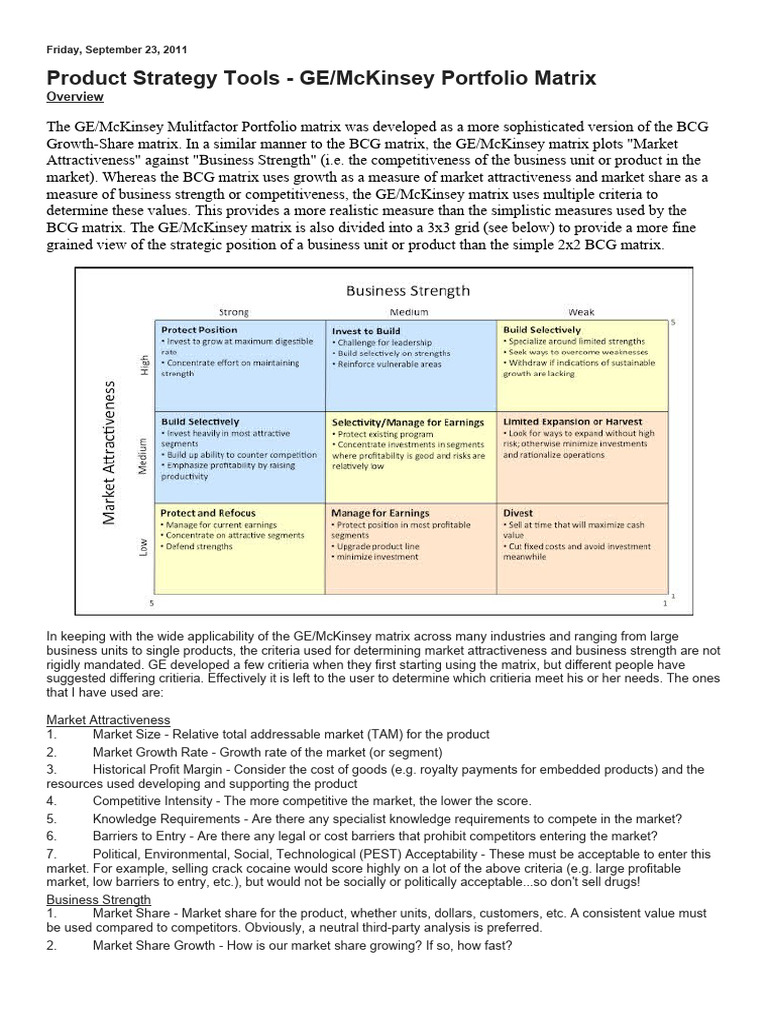 GE/McKinsey Portfolio Matrix Guide | PDF | Reputation | Market (Economics)