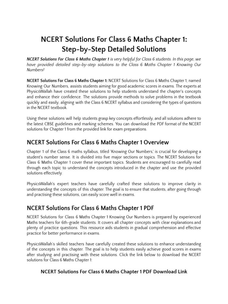 NCERT Solutions For Class 6 Maths Chapter 1 | PDF | Mathematics