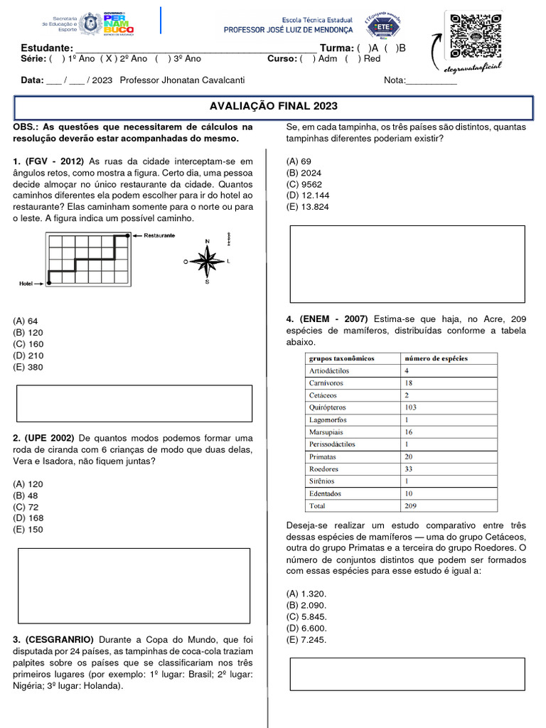 Prova Final 2º Ano - Matemática - Jhonatan Cavalcanti | PDF | Matemática