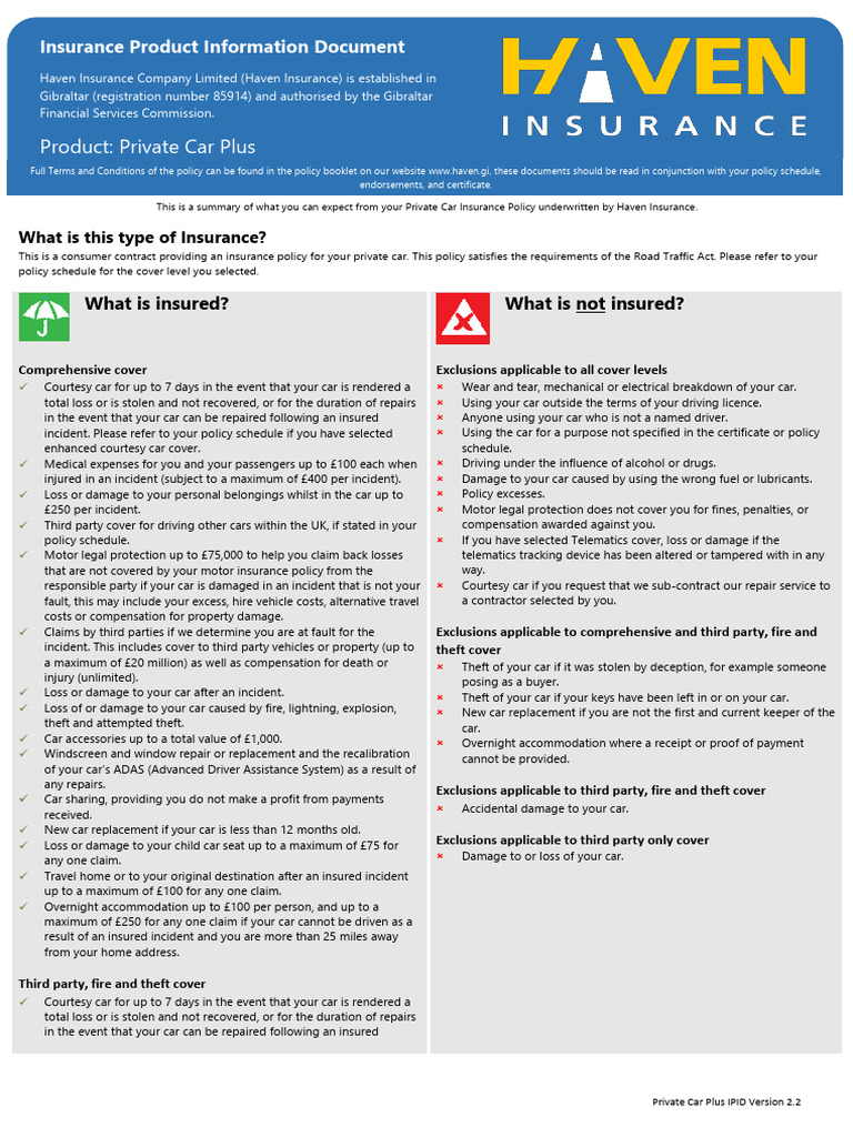 IPID Private Car Plus All Cover Levels | Download Free PDF | Vehicle ...