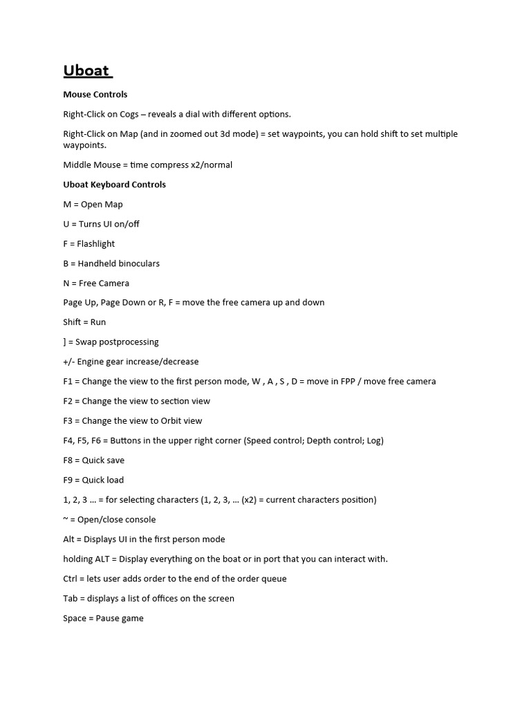 Uboat Keyboard and Mouse Controls Guide | PDF | Computers
