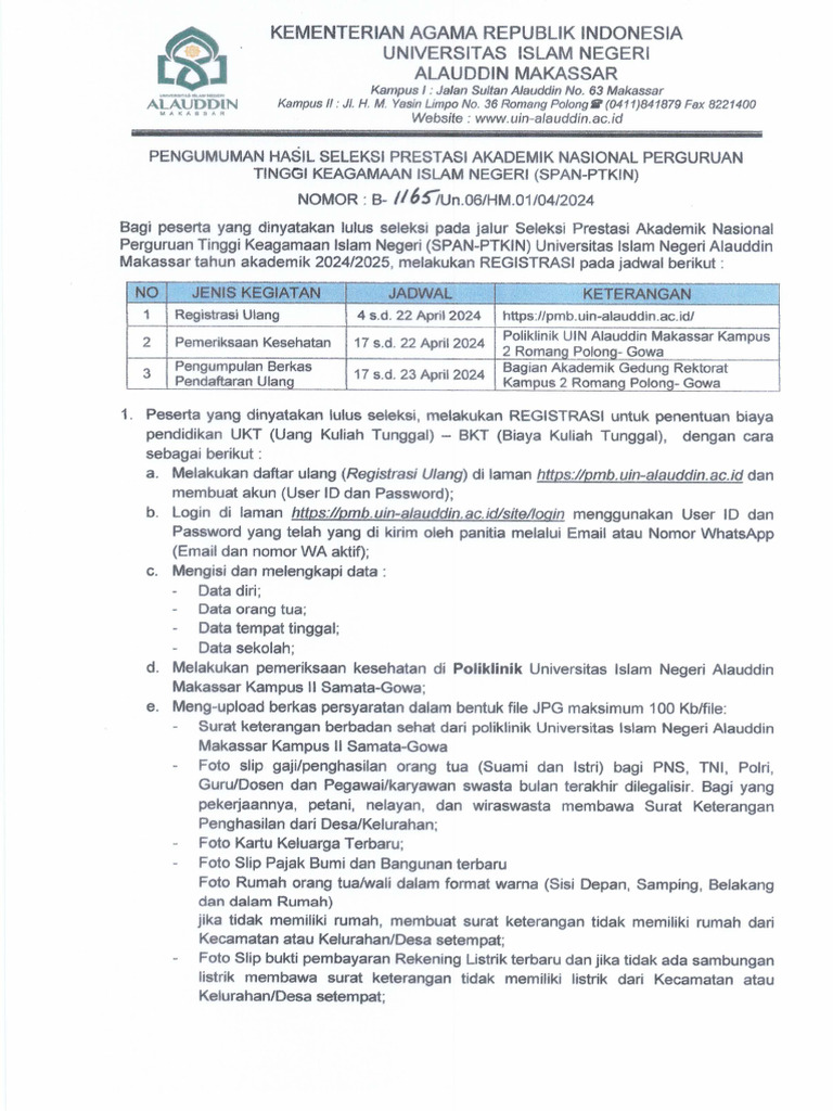 Jadwal Dan Persyaratan Bagi Calon Mahasiswa Baru Jalur Span Ptkin Tahun Akademik 2024 2025 | PDF