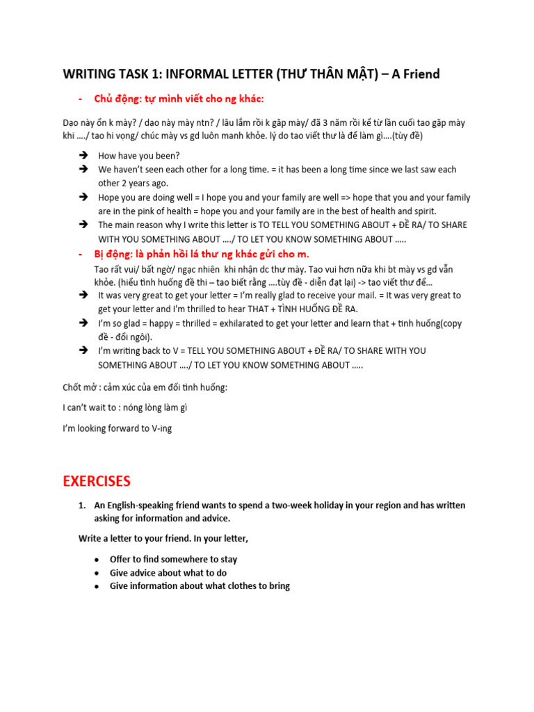WRITING TASK 1 - INFORMAL LETTER - EMAIL (Extra Practice) | PDF | Ho ...