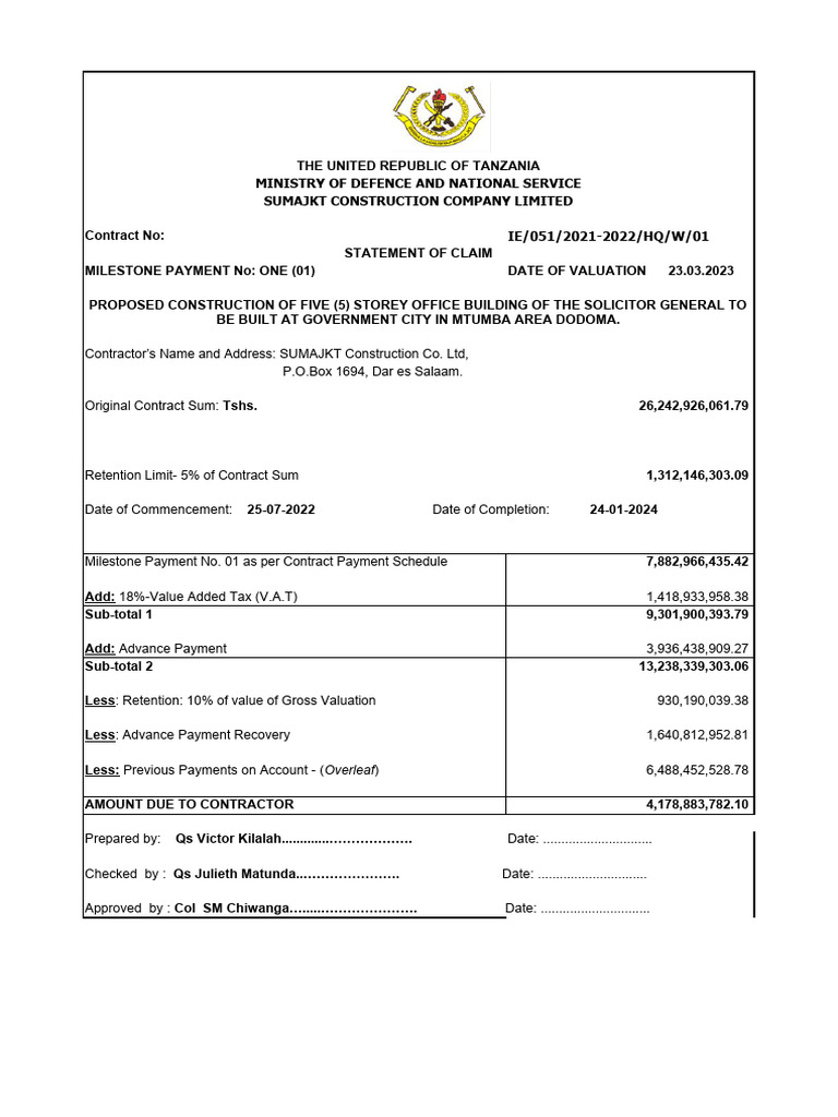 MILESTON PAYMENT CLAIM No. 1 | PDF | Concrete