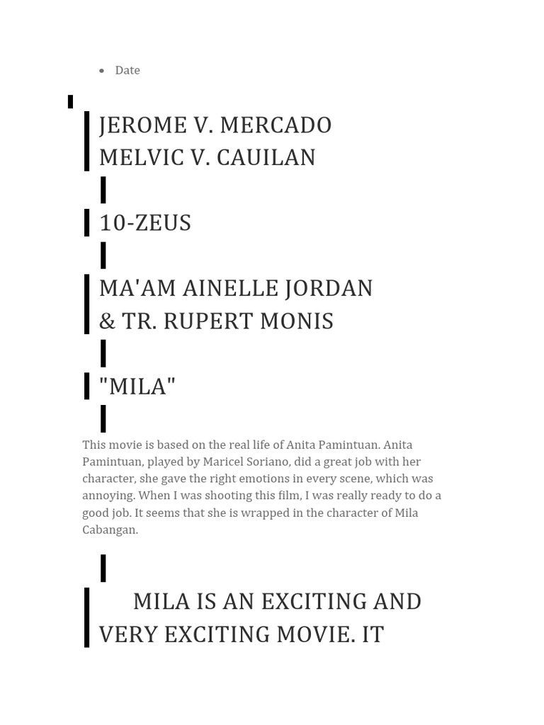 Jerome V. Mercado Melvic V. Cauilan 10-ZEUS Ma'Am Ainelle Jordan & Tr. Rupert Monis "MILA" | PDF