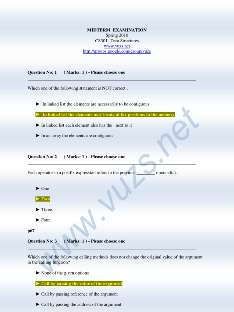 Cs301 Midterm Papers Collection Shared By Sweet Soul Pdf Array Data Structure Pointer 2333