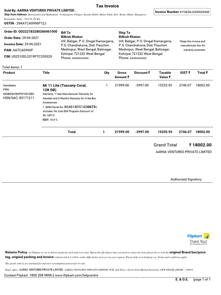 Invoice Mi 11lite | PDF | Taxes | Government Finances