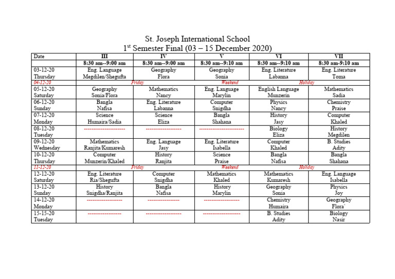 1st Semester Final Exam Schedule2020 | PDF